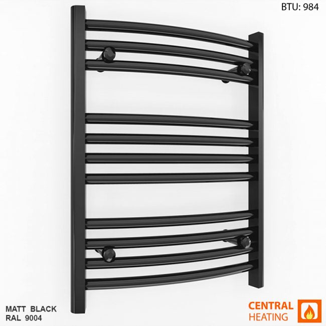 500mm Wide - 600mm High Curved Black Heated Towel Rail Radiator ...