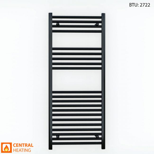 600mm Wide - 1200mm High Flat Black Heated Towel Rail Radiator 25mm Tu ...