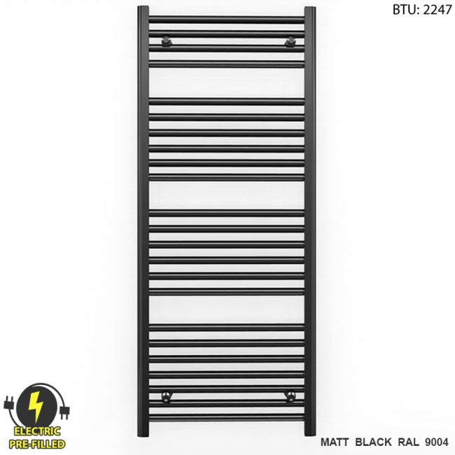 600mm Wide - 1200mm High Flat Black Electric Heated Towel Rail Radiato ...