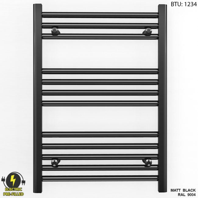 600mm Wide - 700mm High Flat Black Electric Heated Towel Rail Radiator ...