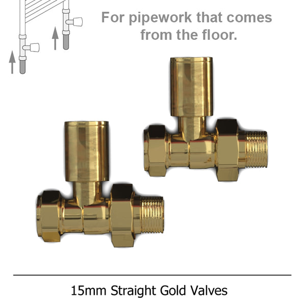 Straight Radiator Valves Shiny Gold 15mm Pair for Towel Rail Radiators ...